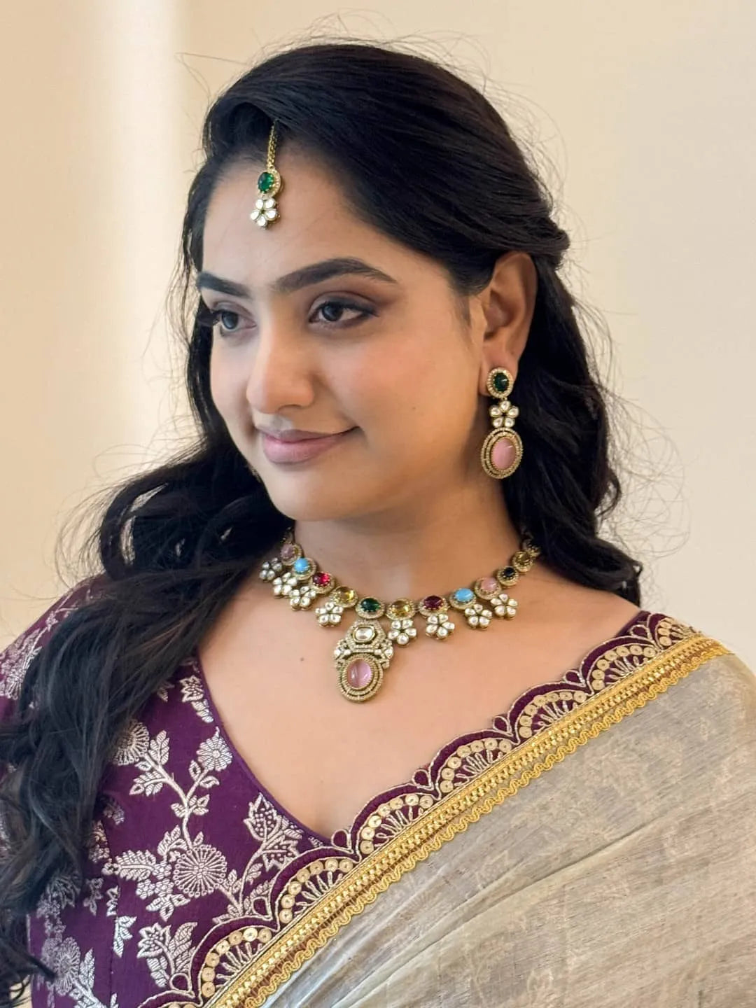 Buy Gold Finish Multicolored Kundan Polki Necklace Set Online - Ishhaara