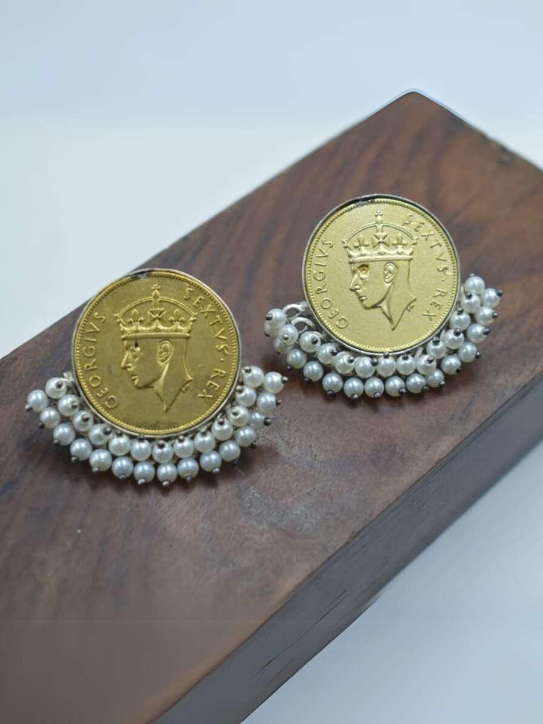 Buy Antique Bottom Pearl Vintage Pound Coin Style Elegant Earring ...