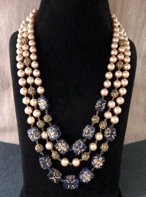 Buy Triple Layered Pearl Precious Stone Necklace Online - Ishhaara