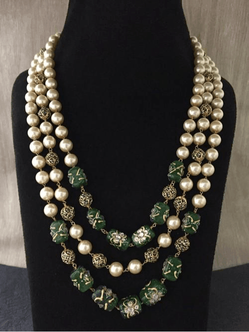 Buy Triple Layered Pearl Precious Stone Necklace Online - Ishhaara