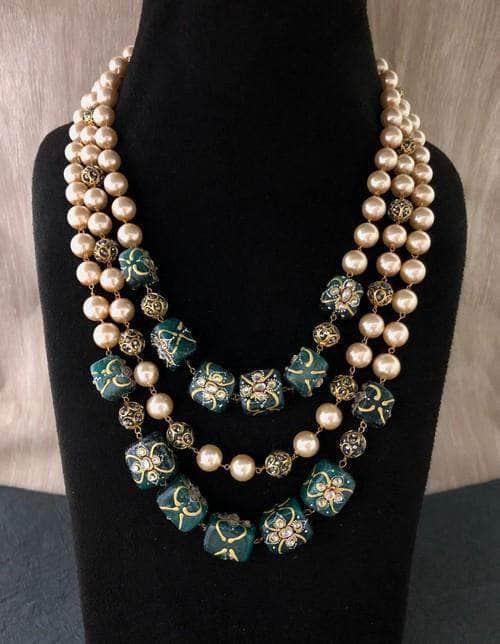 Buy Triple Layered Pearl Precious Stone Necklace Online - Ishhaara