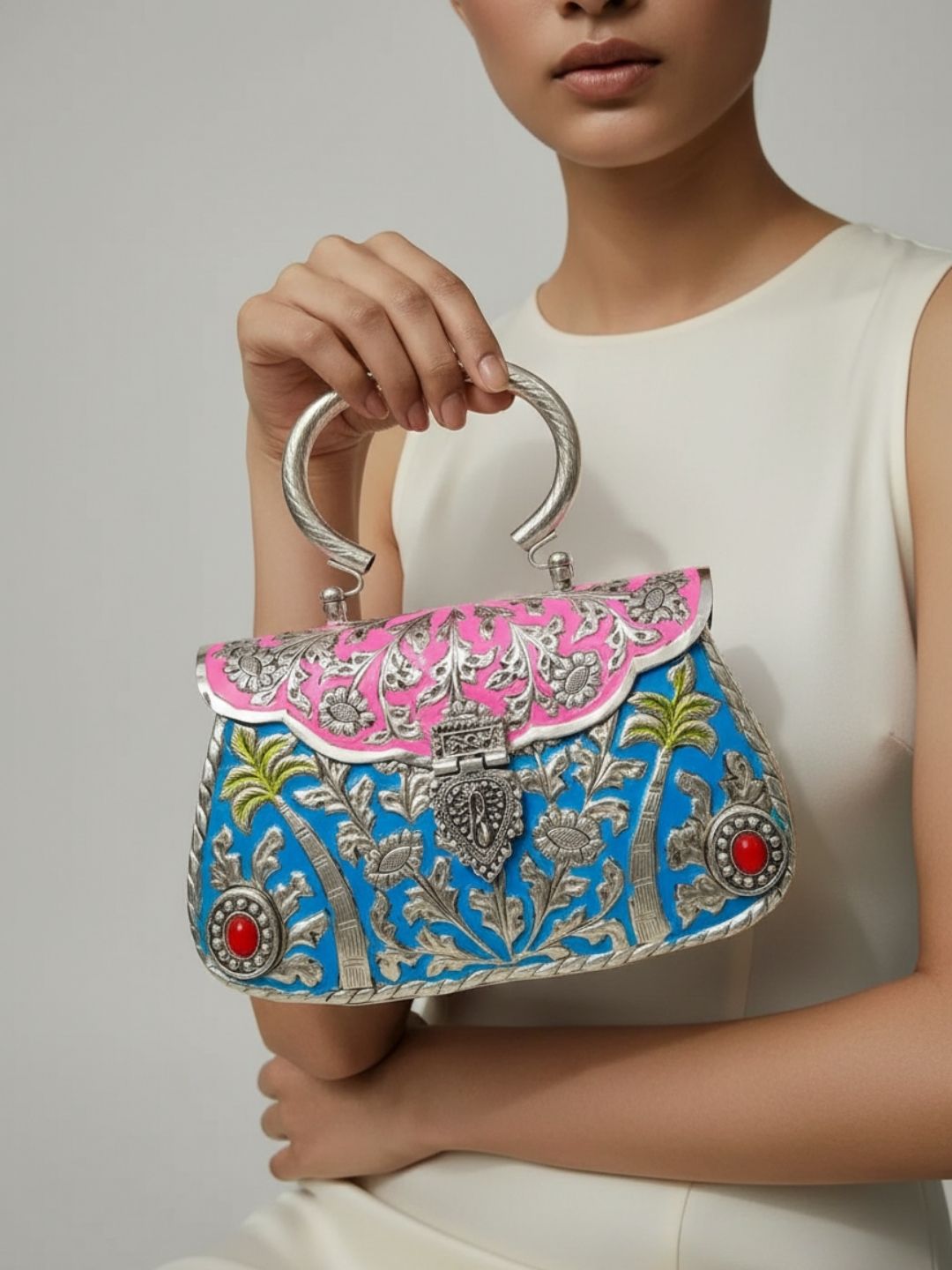 Buy Multi Colored Vintage Styled Metal Clutch Online - Ishhaara