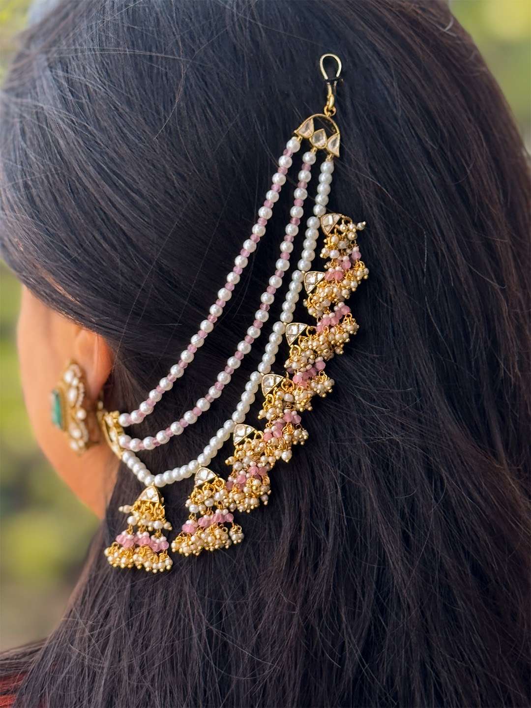 Buy Pink Pearl Studded Ear Chain Online - Ishhaara